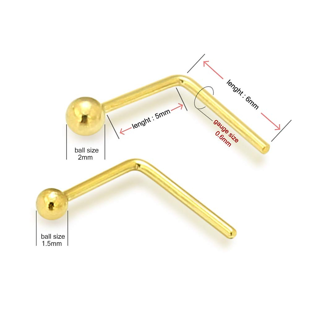 14K Yellow Gold Plain Ball Top 22 Gauge L Bend Nose Stud Piercing