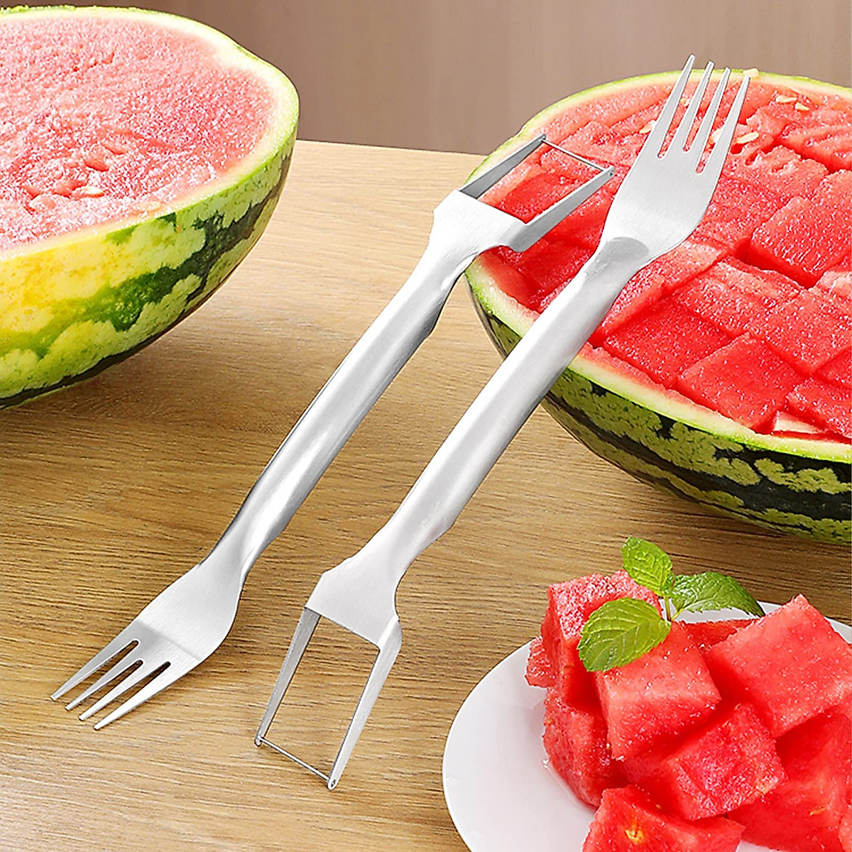 WDDH 2 in 1 Watermelon Slicing Knife,Dual Head Stainless Steel Fruit Forks Cutter Knife Portable Watermelon Fork Cutter Tool for Party Camping Kitchen Gadget[#1]