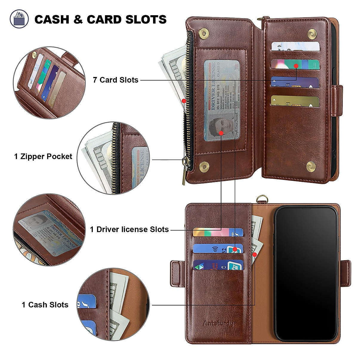 Antsturdy Compatible with Samsung Galaxy A13 5G Case Wallet with Card Holder Women Men Phone Case RFID Blocking PU Leather Flip Folio Shockproof Cover Wrist Strap Zipper Credit Card Slots,Brown