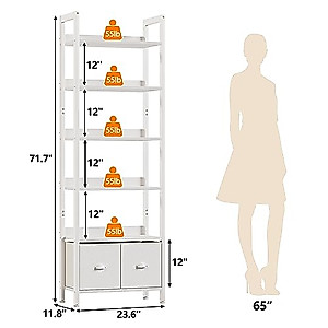 Furologee White 6 Tier Bookshelf with Drawers, Tall 71" Bookcase with Shelves, Modern Wood and Metal Book Shelf Storage Organizer, Display Free Standing Shelf Unit for Bedroom, Living Room, Office