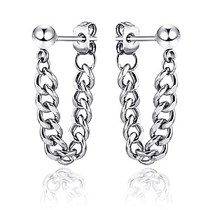 TIANBANGSHI Punk Stainless Steel Chain Earrings for Women's Hypoallergenic Hinged Huggie Dangle Earrings Silver/Black Long Chain Earrings Piercing Jewelry Gift (Silver)