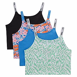 Hanes Girls' Big Crop Top Cami, Moisture-Wicking Cotton Stretch Tank, 4-Pack, Blue/Black/Pattern Assorted
