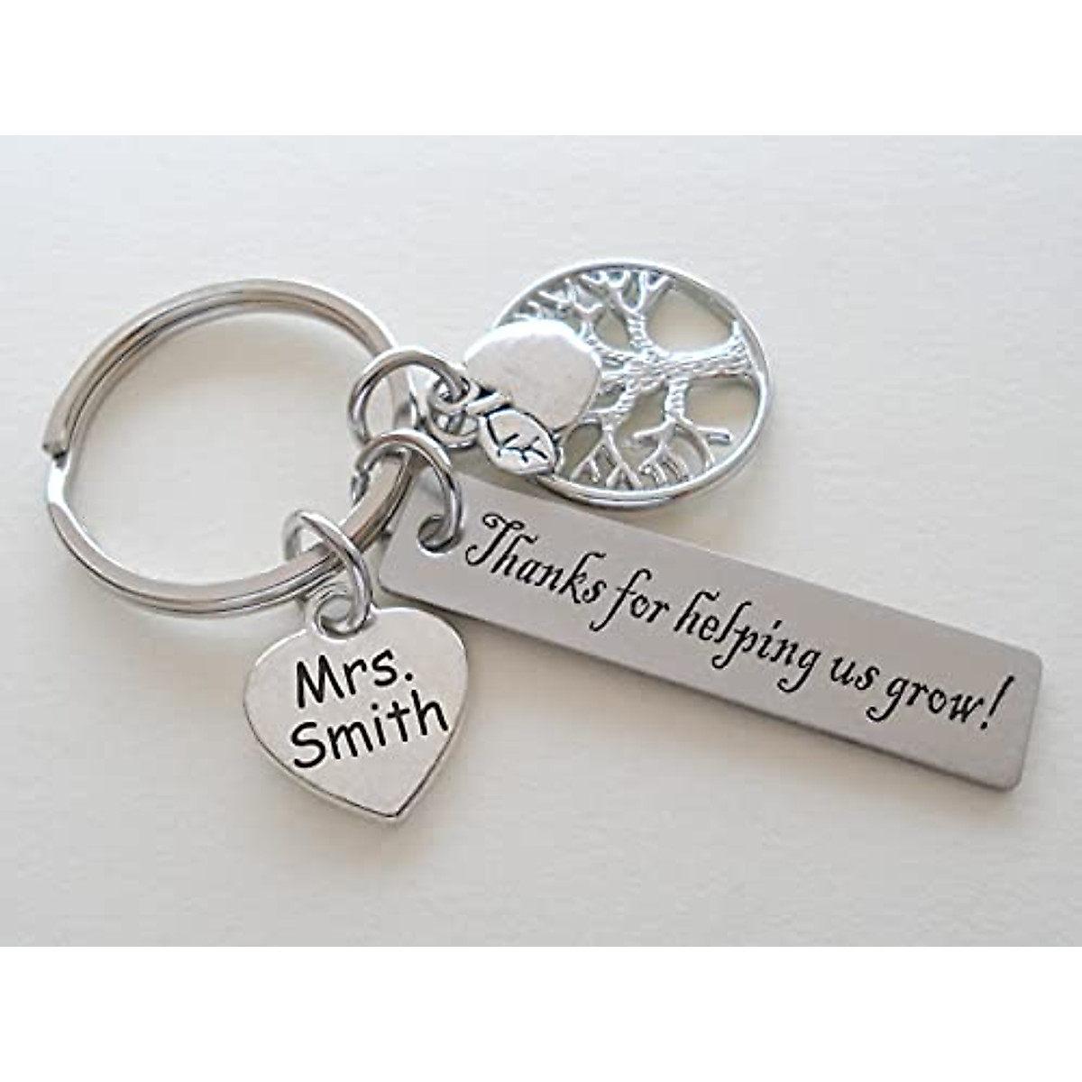 Custom Engraved Teacher Keychain with Tree & Apple Charm, and Thanks for Helping Us Grow Tag; Teacher Appreciation