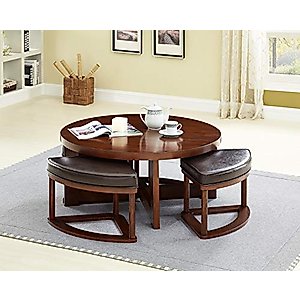 GTU Furniture Mid-Century Modern, Transitional, Contemporary Round 3-Piece Coffee Table and Stool Set, 1 Walnut Finished Coffee Table with 2 Faux Leather Upholstered Nesting Stools, Mesa de Café