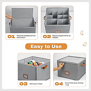 Delamu Shoe Organizer for Closet, Fabric Shoe Storage Boxes/Clear Cover, Adjustable Dividers for Storage Bins/Bottom Support, Foldable Space-saving Storage Cabinet with Handles, Fits 8-16 Pairs, Grey