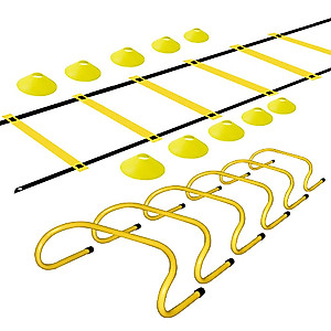 TNZMART Agility Ladder and Disc Cones Training Set Adjustable Rungs Training Ladder with 10 Plastic Sport Cones for Training (Yellow, 6 Hurdles)