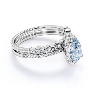 PB Collection Pear Shape Aquamarine & CZ Vintage Halo Wedding Bridal Ring Set 925 Sterling Silver