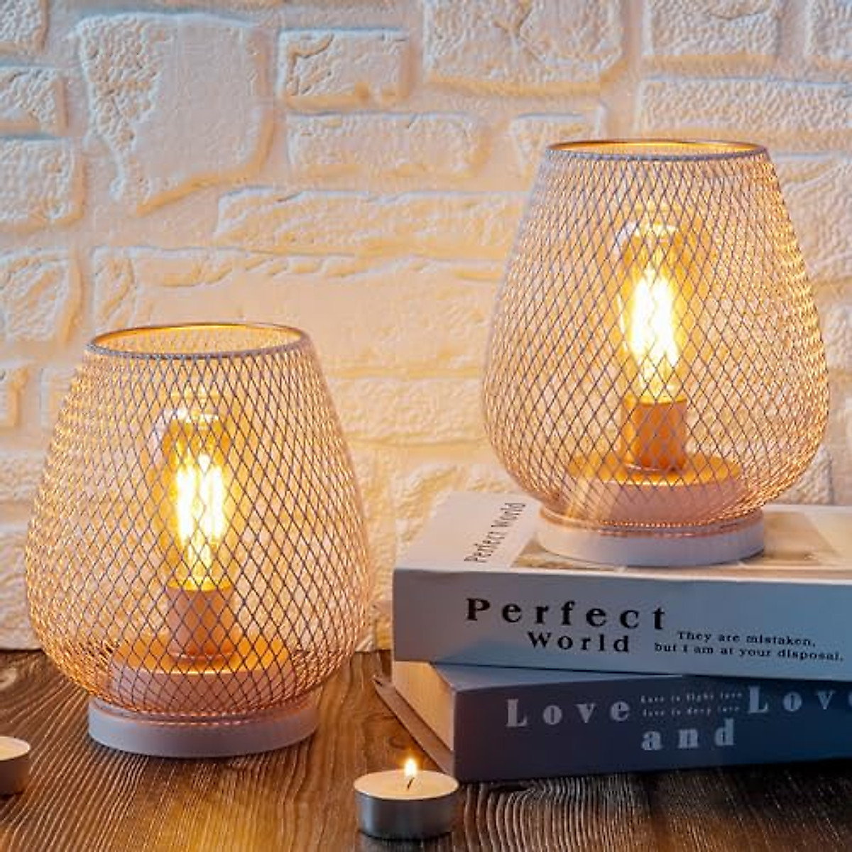 TRIROCKS Set of 2 Medium Battery Powered Outdoor Lantern 6.5'' High Metal Cage Table Lamp with LED Edison Bulb for Home Wedding Parties Patio Event Indoor Outdoor(Pink)