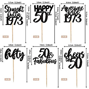 24 PCS Happy 50th Birthday Cupcake Toppers Glitter Fifty Cheers to 50 Straight Outta 1973 Cupcake Picks 50 Fabulous Awesome Since 1973 Cake Decorations 50th Birthday Anniversary Party Supplies Black