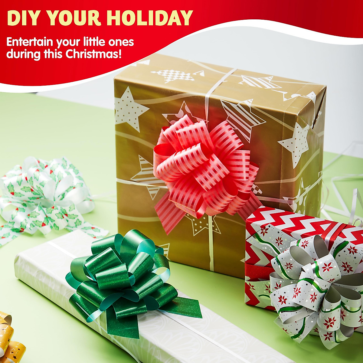 JOYIN 24 Pieces Wrap Ribbon Pull Bows (5" Wide); Easy and Fast Gift Wrapping Accessory, Bows, Baskets, Wine Bottles Decoration, Gift Wrapping and Decoration Present.