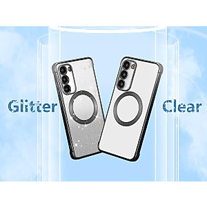 ZTOFERA Clear Magnetic Case for Samsung Galaxy S23 Plus 5G with Gradient Glitter Peice(2 in 1), Luxury Plating Cute Transparent Bling Sparke Case for Women Girls,Shockproof TPU Protector Cover-Black