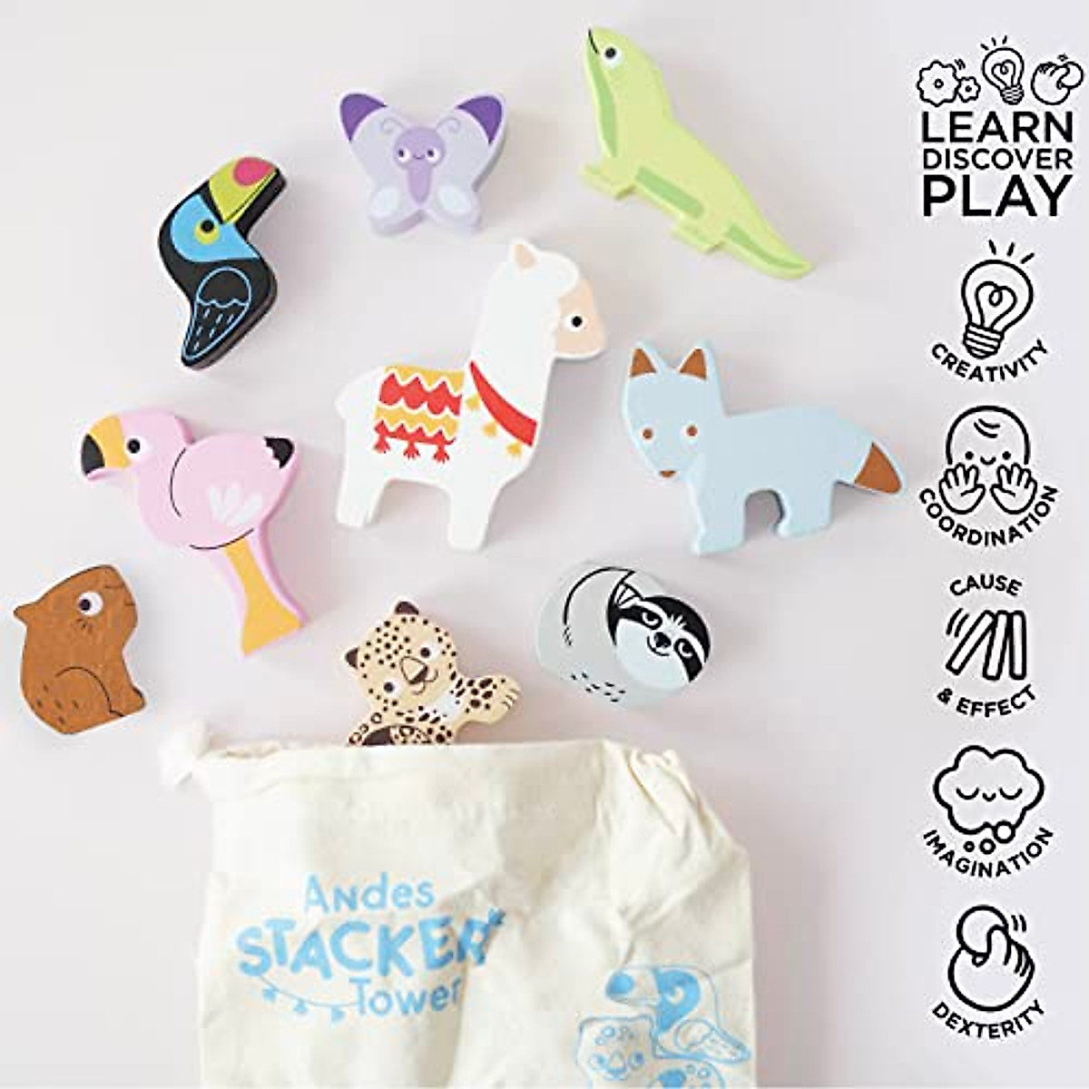 Le Toy Van - Wooden Toys - Andes Stacking & Bag - Petilou Forest Building Blocks Stacker & Bag Educational Balancing Activity Toy - Wooden Blocks Tropical Animal Toys - Kids Toys Age 18 Months +