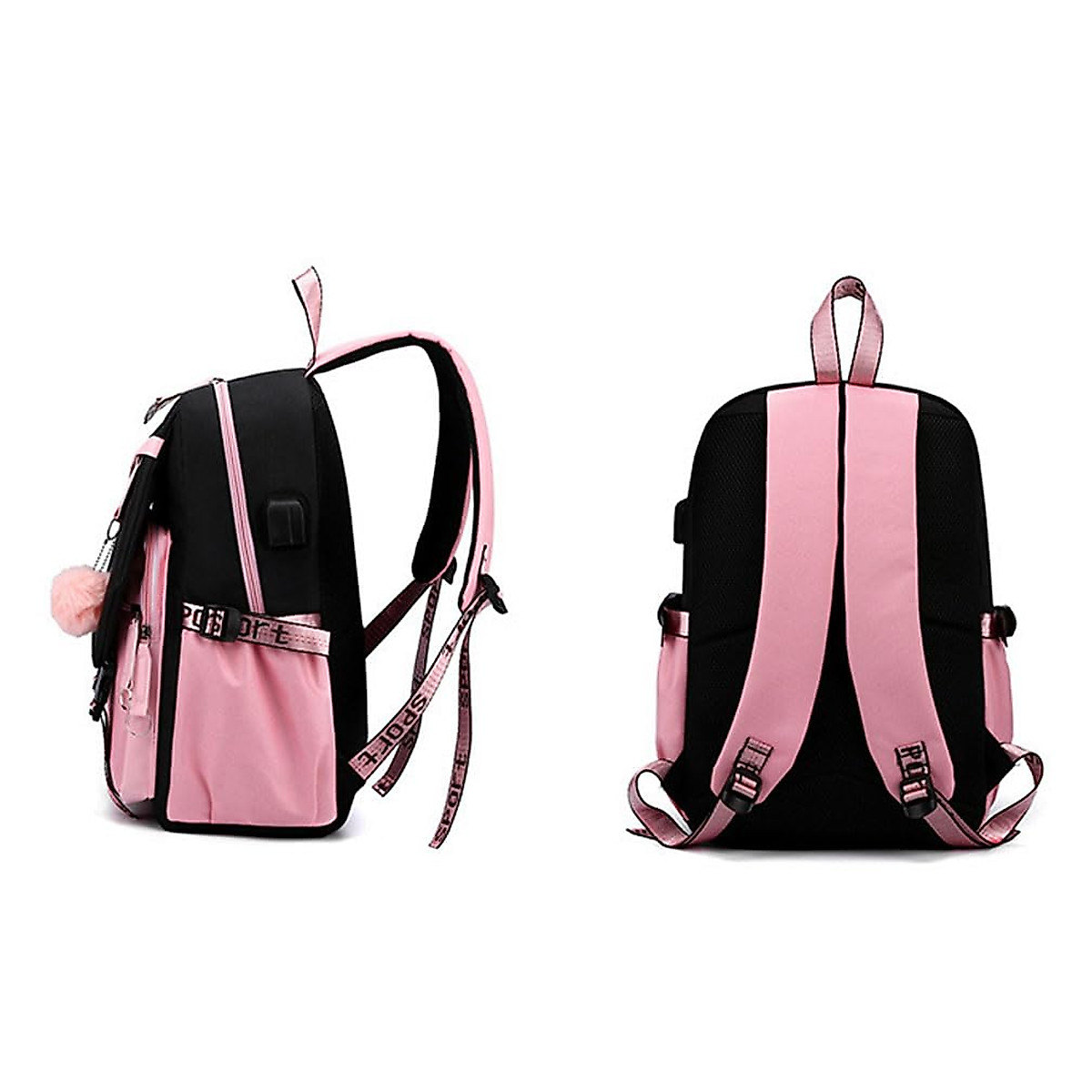 MONMOB Backpack Laptop bag School Bag Bookbag with USB Charging&Headphone Port(Black&Pink)