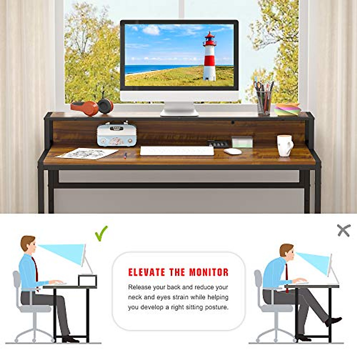 Teraves Computer Desk with 5 Tier Shelves,Reversible Writing Desk with Storage 41 Inch Study Table for Home Office Independent Bookcase and Desk for Multiple Scenes (Desk+Shelves(41in), Teak)