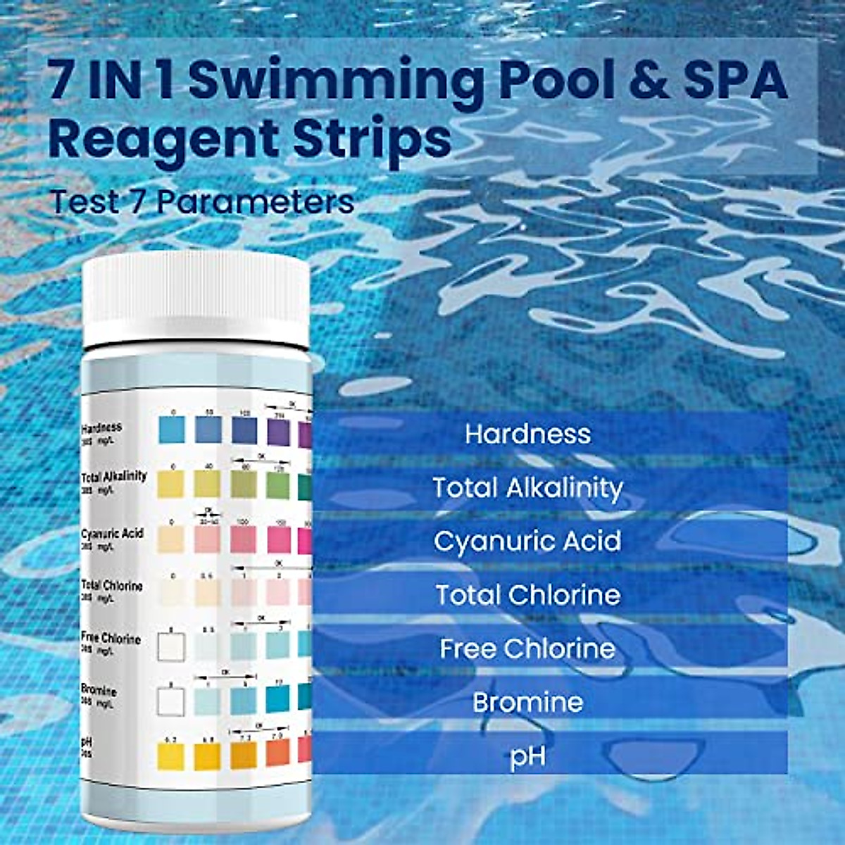 Pool Test Strips - 7 in 1 Pool Test Kit - 125 Counts Spa and Hot Tub Test Strips for Total Hardness, Bromine, pH, Chlorine, Total Alkalinity, Cyanuric Acid - Quick and Accurate by Carethetic