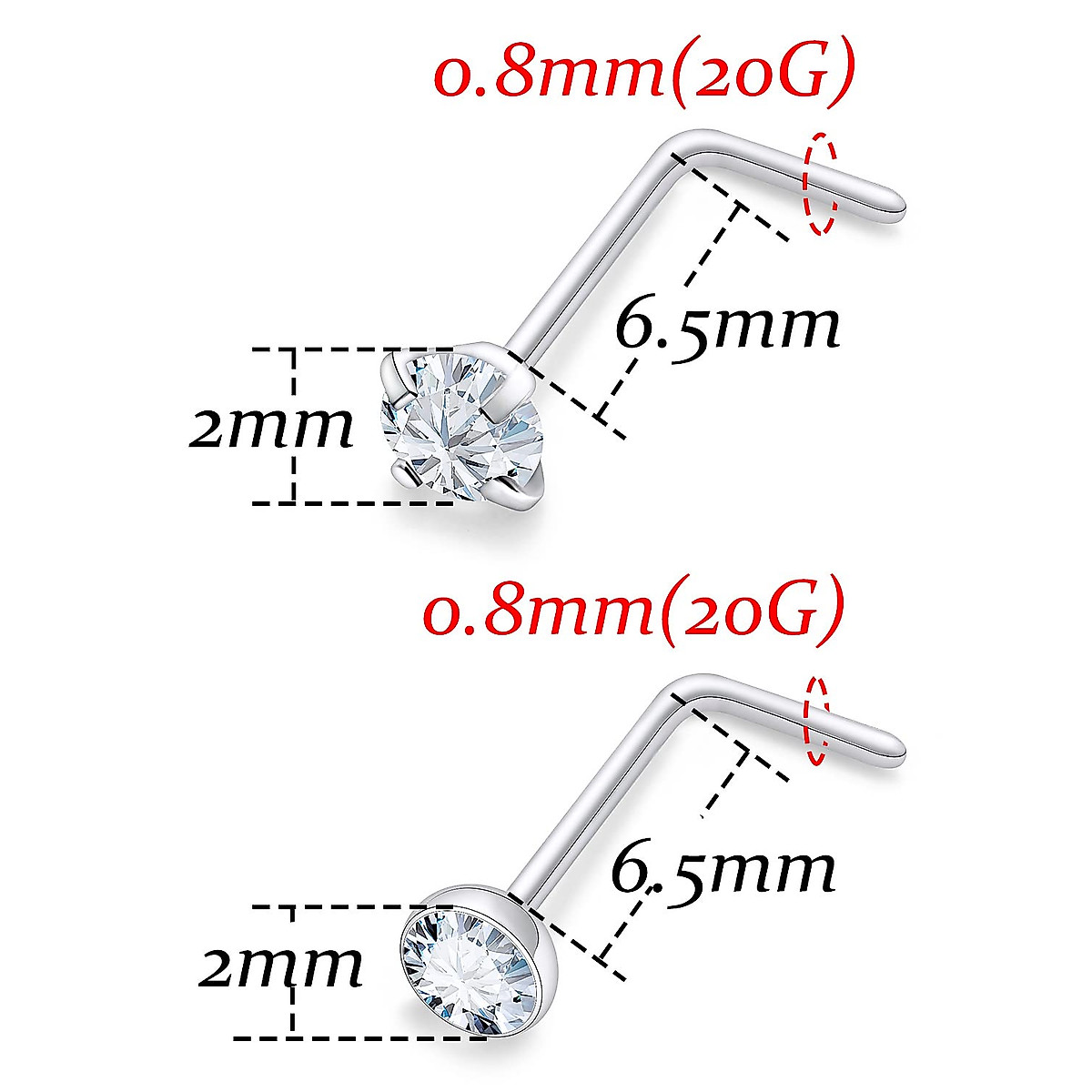 Vsnnsns 20G Nose Rings for Women Men 316L Surgical Stainless Steel L Shaped Nose Studs Screw Bone Nose Rings Piercings 20 Gauge Nostril Piercing Nose Studs Jewelry Diamond CZ 2mm Silver