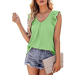 Womens Tops Sleeveless Casual V-Neck Tanks Top Solid Color Trendy Tunic Blouses Lime Green Medium