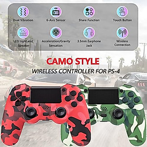 Dliaonew Wireless Controller for PS4, 2 Pack Remote Control Compatible with PS4/Slim/Pro with Dual Vibration/Audio/Six-axis Motion Sensor/Game Joystick - Camo Red + Camo Green