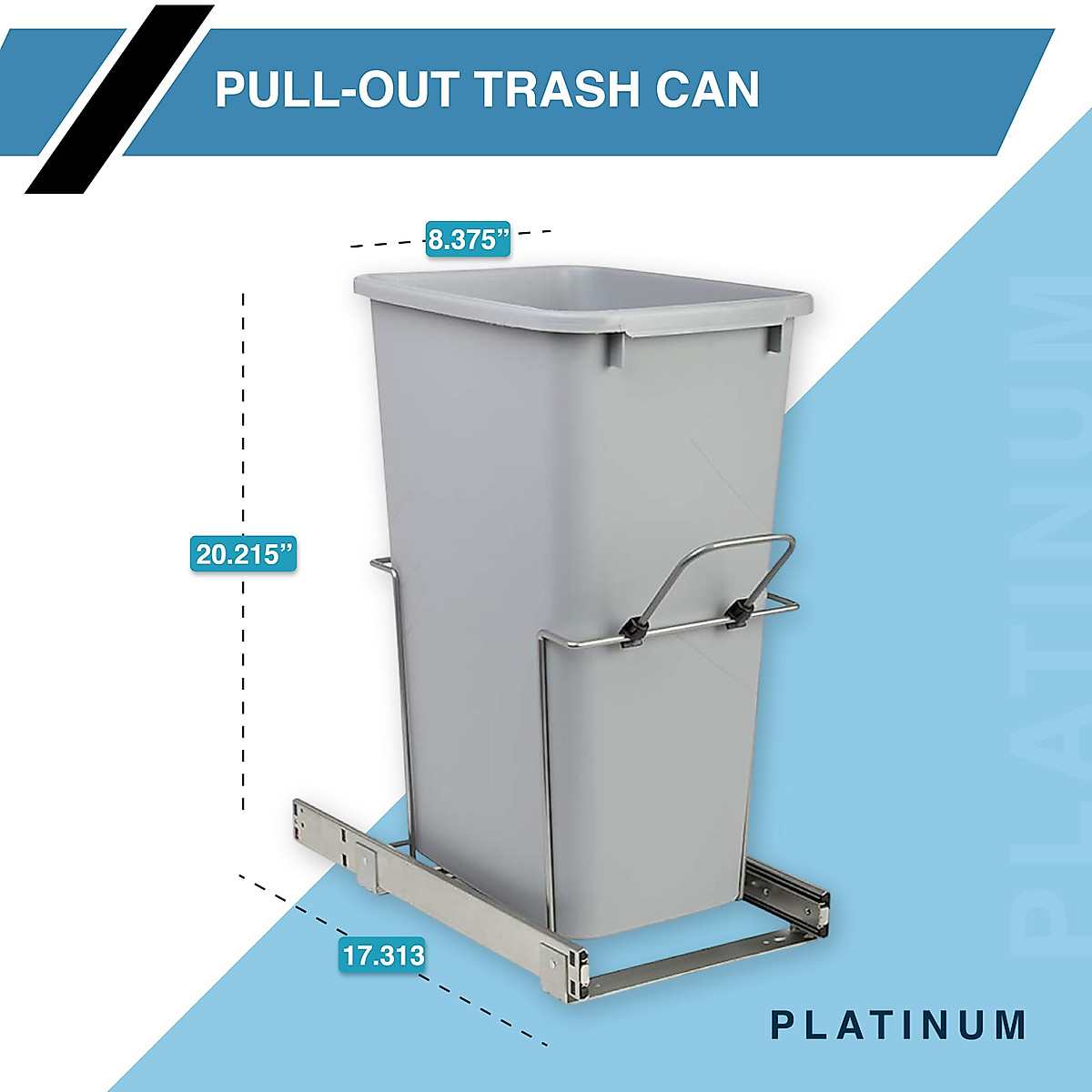8.375 in. x 20.125 in. x 17.313 in. 20 Qt. In-Cabinet Single Soft-Close Bottom-Mount Pull-Out Trash Can - Platinum