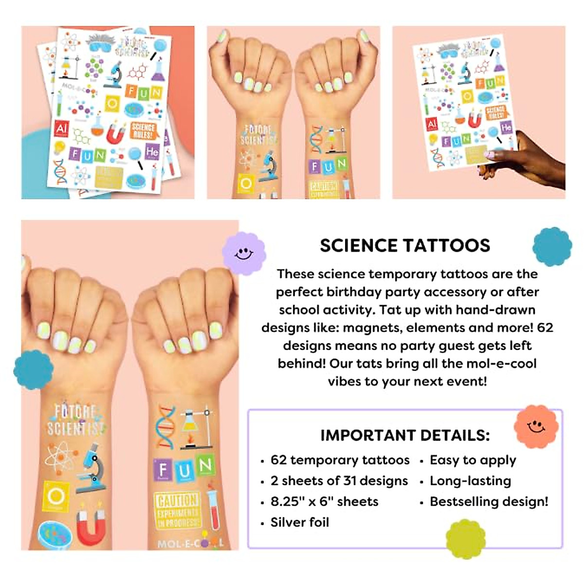 xo, Fetti Science Party Temporary Tattoos - 62 Silver Foil Styles | Future Mad Scientist Birthday Party Supplies, Educational Science Favors, Scientific Arts and Crafts