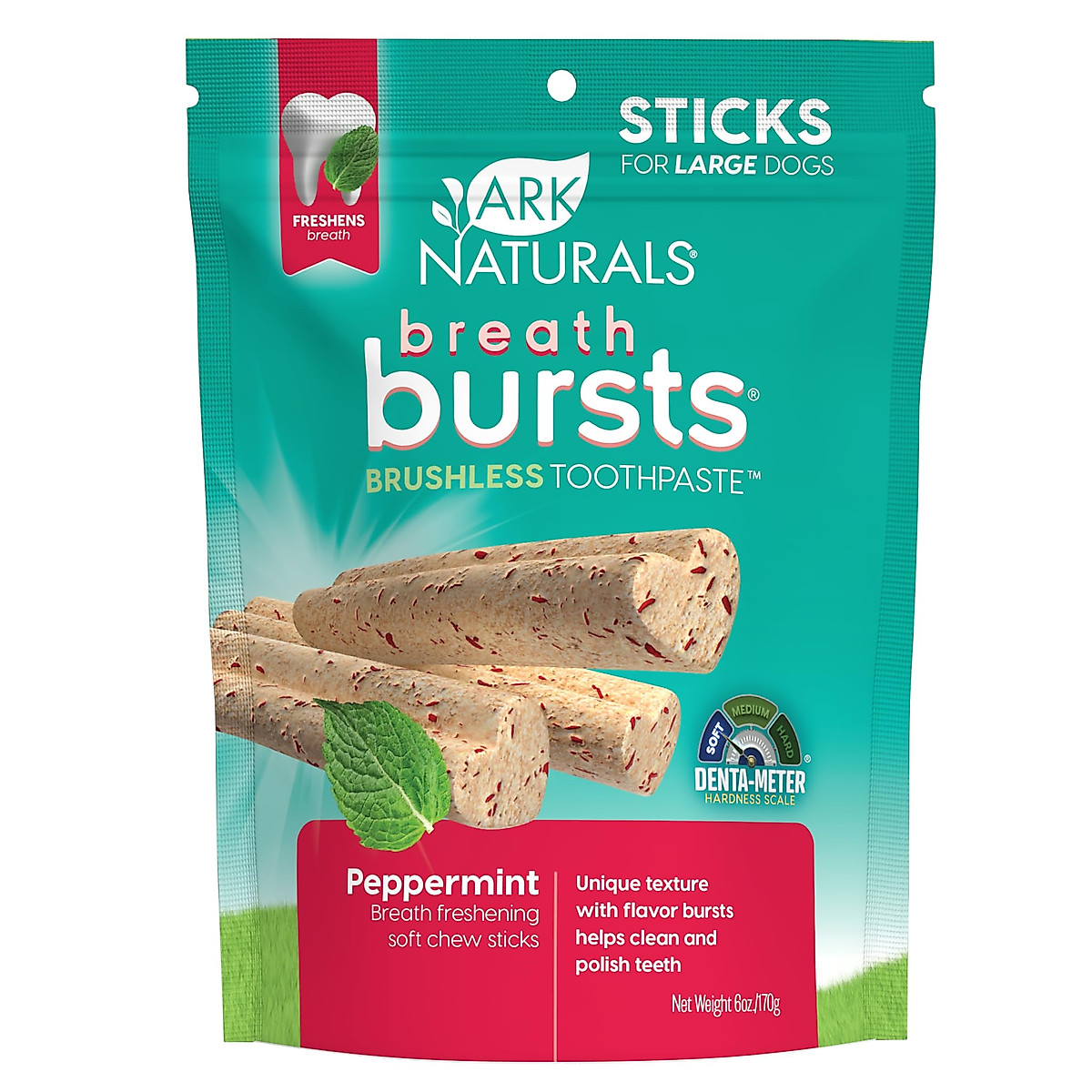 ARK NATURALS Breath Bursts Brushless Toothpaste, Dog Dental Sticks for Large Breeds, Unique Texture Helps Clean Teeth & Freshen Breath, Peppermint, 6 oz, 1 Pack