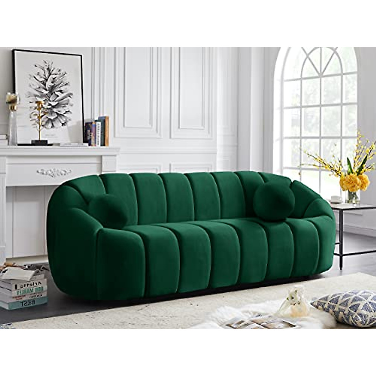 Meridian Furniture Elijah Collection Velvet Upholstered Sofa with Deep Channel Tufting, Green