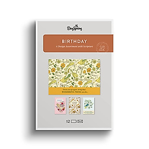 DaySpring - Birthday Birds - 4 Botanical Bird Designs Assortment with Scripture - 12 Happy Birthday Boxed Cards & Envelopes (U0056)