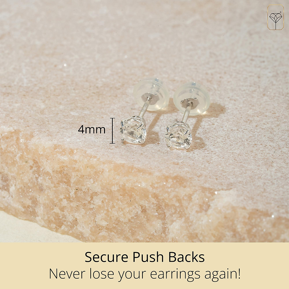 MAX + STONE 14k White Gold Genuine Created White Sapphire Round Stud Earrings for Women | 4mm April Birthstone