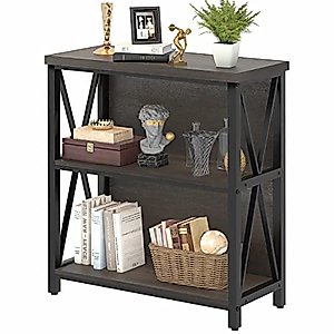 FATORRI Rustic Short 2 Shelf Bookshelf, Industrial Low Wood Bookcase, Farmhouse Small Book Case for Small Space (Walnut Brown)