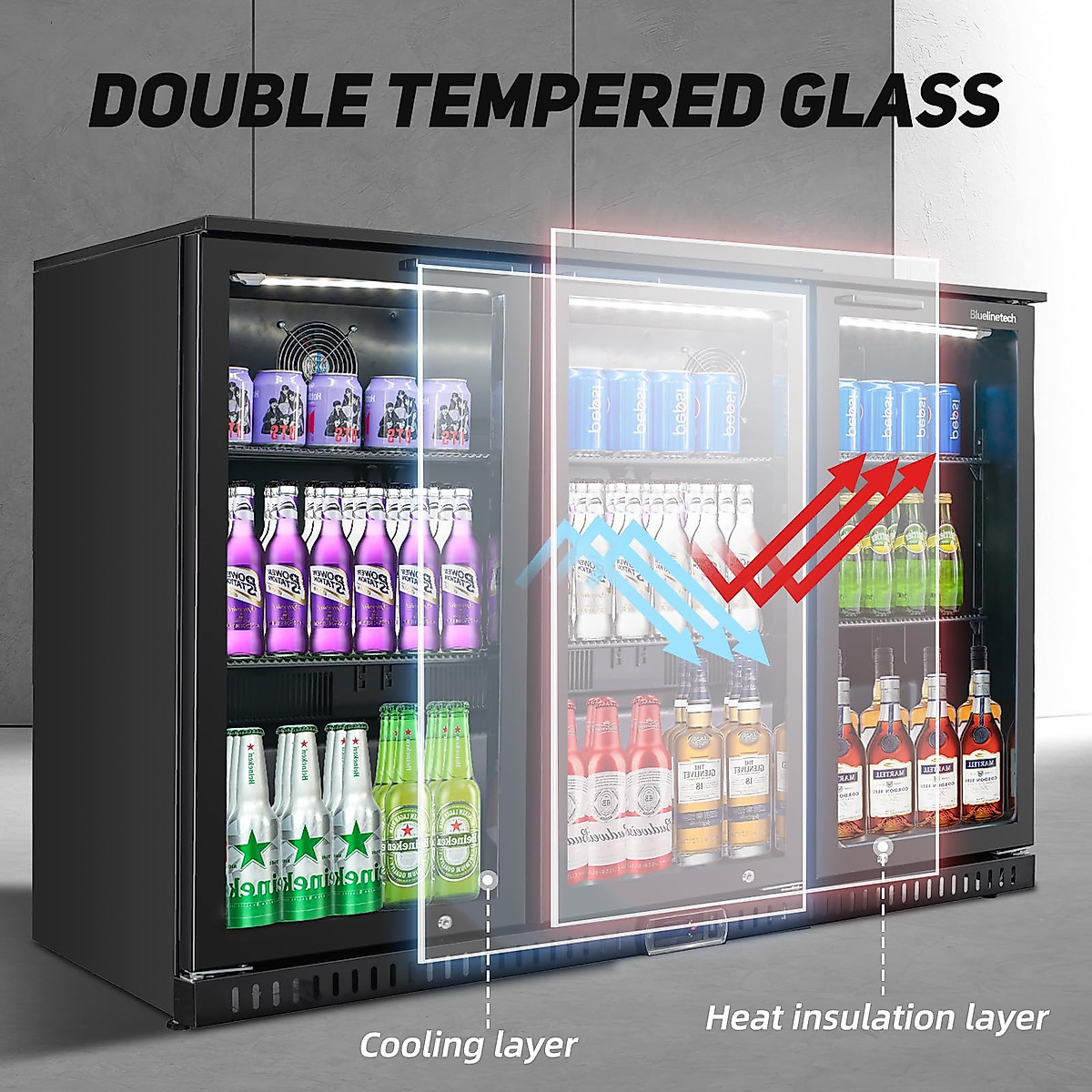 BLUELINETECH Back Bar Cooler, 3 Glass Door Commercial Beverage Cooler Undercounter Refrigerator with LED Lighting, 11.5 cu.ft, 53” Wide