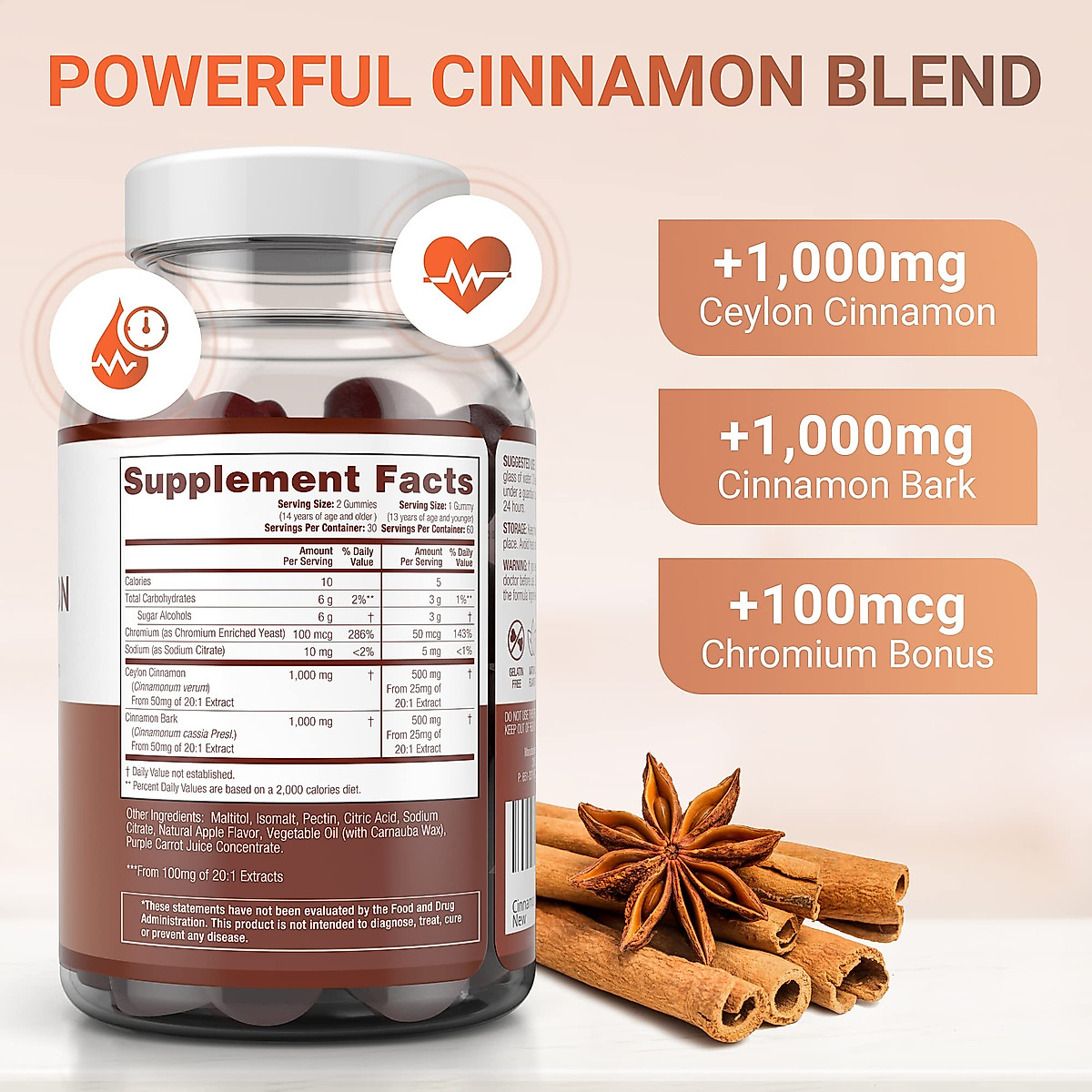 Sugar-Free Ceylon Cinnamon Gummies (2,000mg/Serving) Joint Pain Support Cinnamon Supplement & Brain Health, Vegan, Gluten-Free, Replace Ceylon Cinnamon Capsules, Pills, Powder Extract 60 Chews