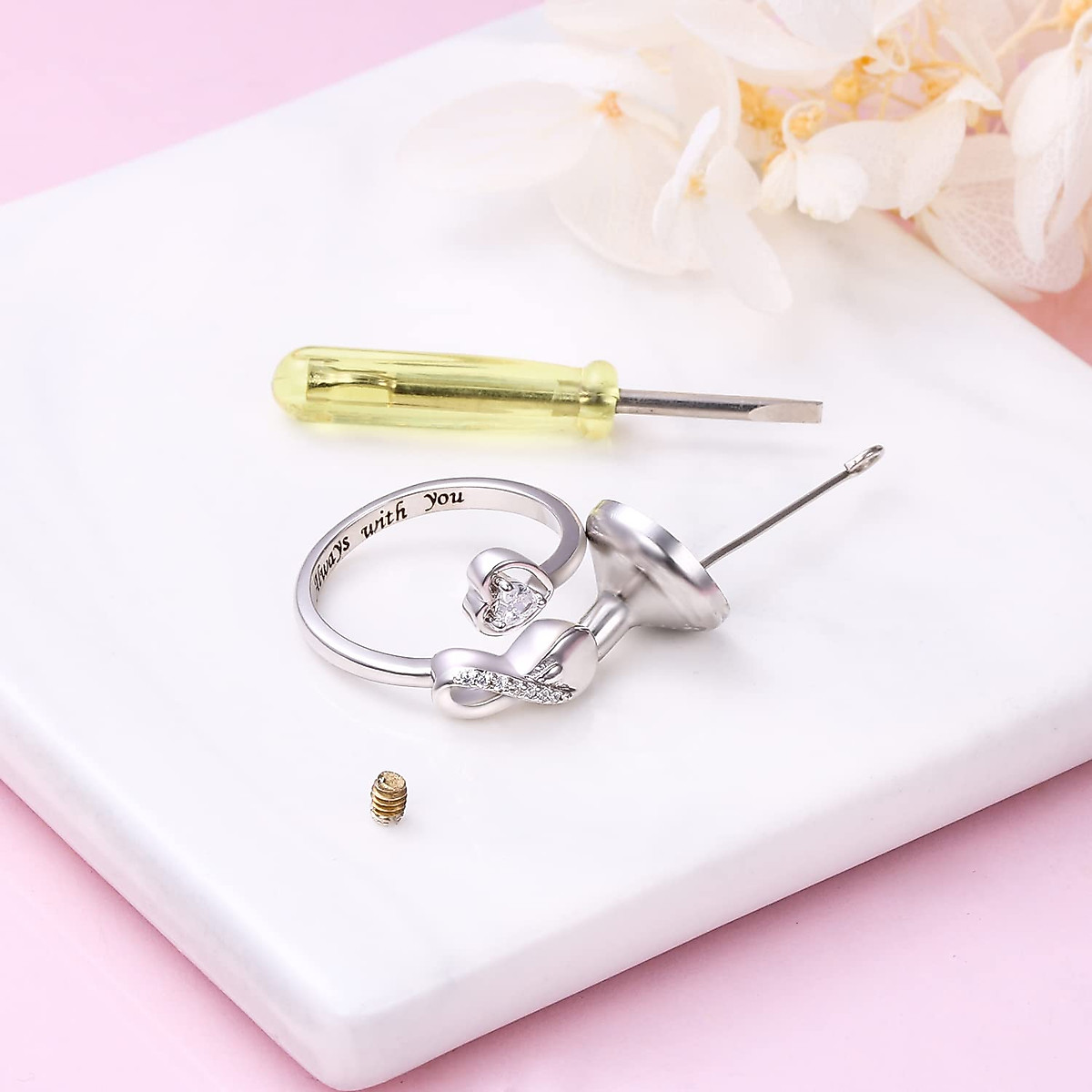 HOOHWE Cremation Ring for Ashes - Sterling Silver Infinity Mini Urn Ring Heart Shape Hold Loved Ones Ashes Always With You Memorial Keepsake Locket Rings for Human/Pet Ash Memorial Jewelry for Women