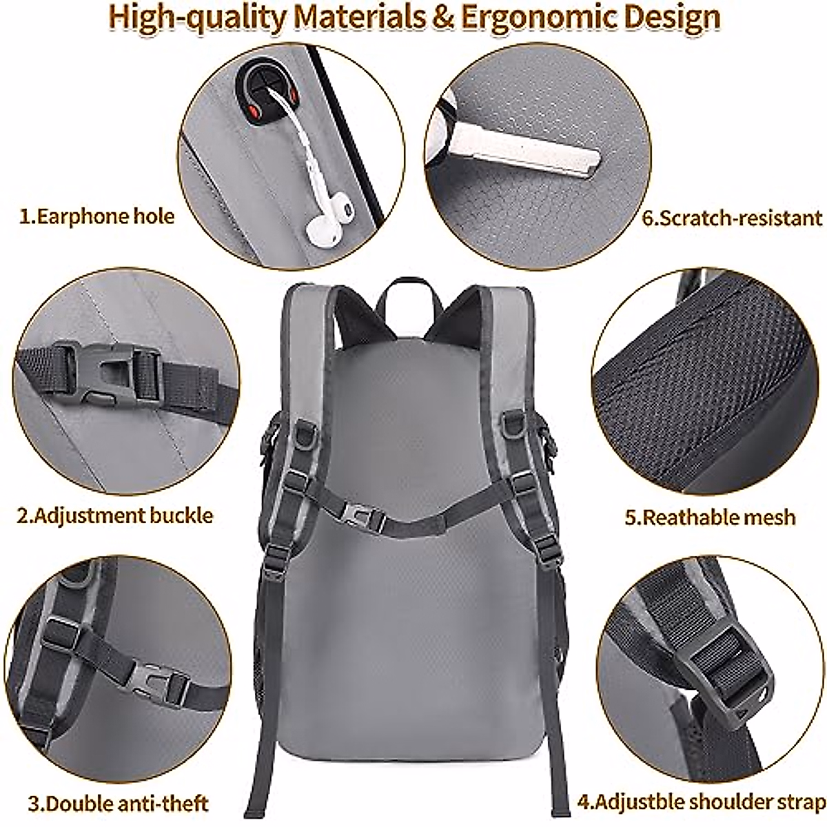 JIELV 30L Lightweight Packable Backpack Small Foldable Hiking Backpack Waterproof Daypack Travel Camping Outdoor for Women Men Valentines Day Gifts(Lgiht Grey)