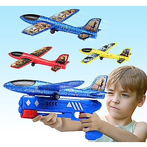 Elctbras 3 Pack Airplane Launcher Toy, Foam Glider Planes for Kids with 2 Flight Mode, Catapult Plane Toys with 3 DIY Stickers, Outdoor Sport Flying Toys for 4 5 6 7 8 9 10 Year Old