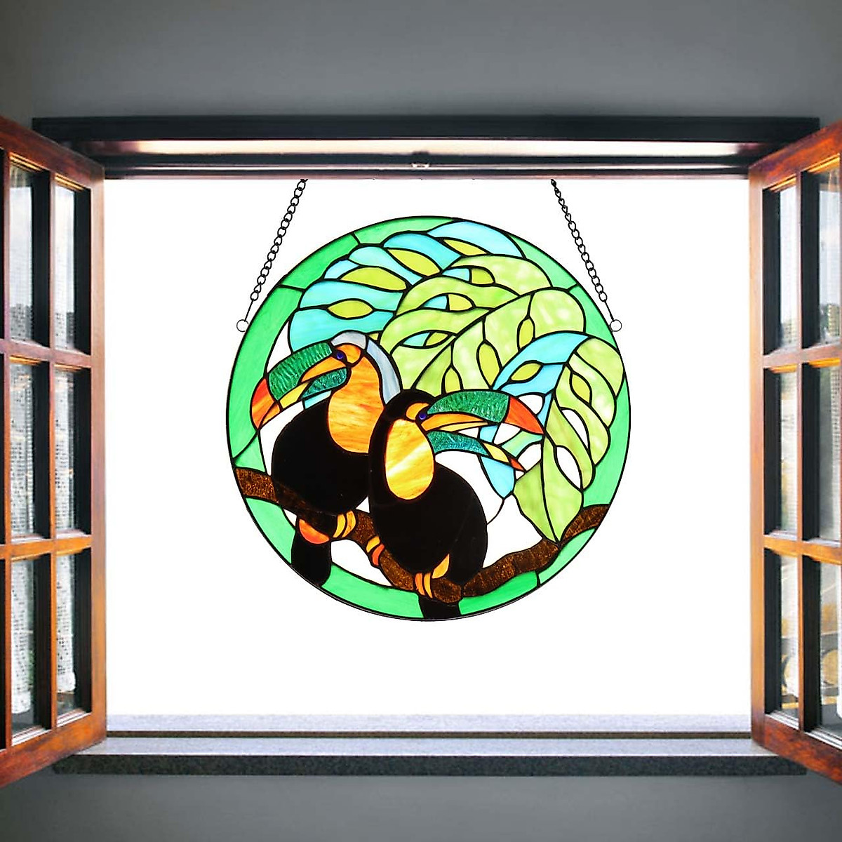 Bieye W10070 Pair of Toucans in The Swiss Cheese Plant Tiffany Style Stained Glass Window Panel, Round Shape, 16 inches Wide