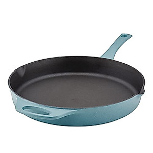 Rachael Ray NITRO Cast Iron Frying Pan/Skillet with Helper Handle and Pour Spouts, 12 Inch, Agave Blue