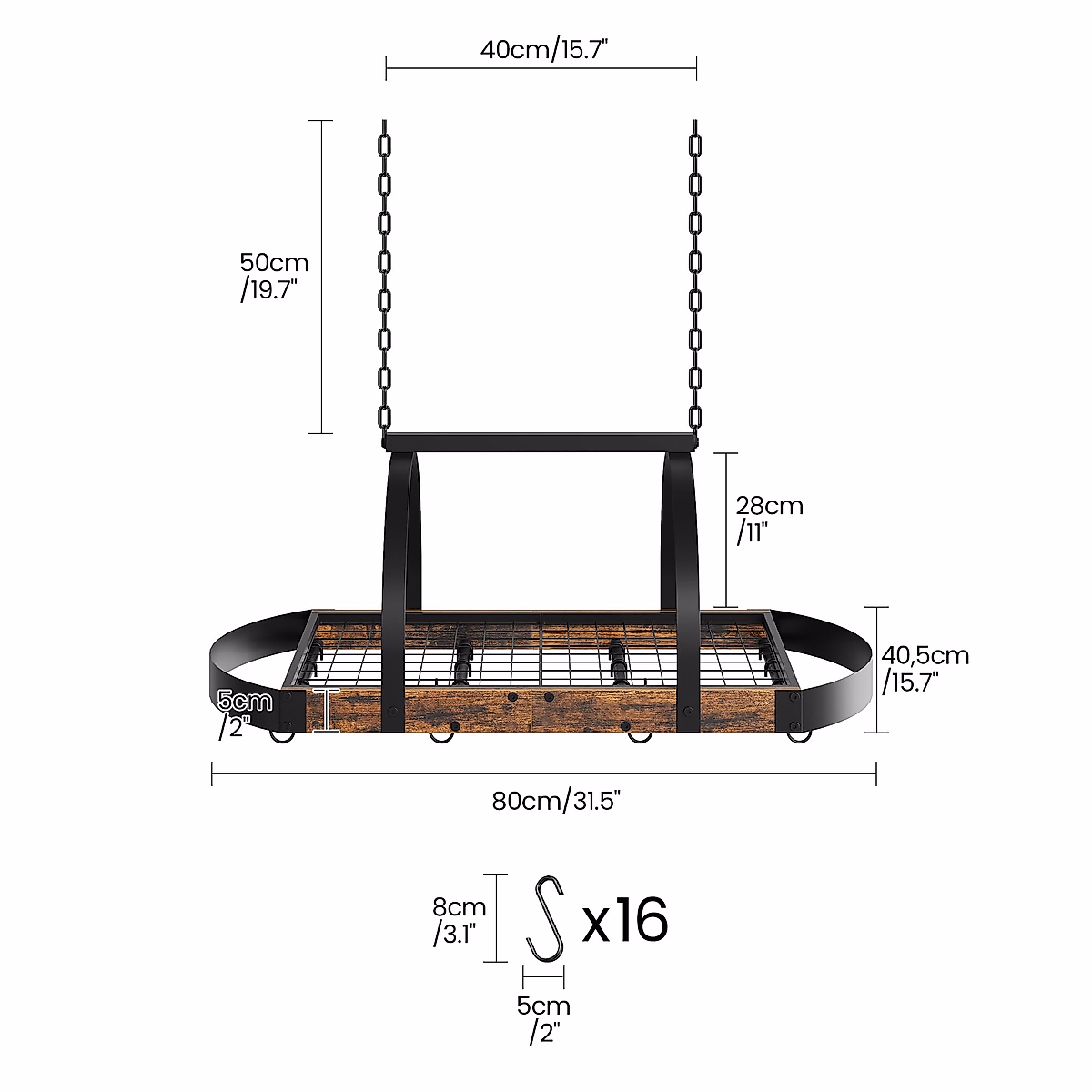 CHOEZON Hanging Pot Rack, Pot Hanger for Kitchen, Ceiling Mounted Pot Holder, Cookware Organizer with 12 S-Shaped Hooks, for Pot, Pan Storage, Space Saver, Rustic Brown and Black TPR08BF