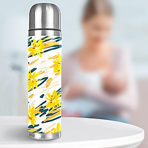 Stainless Steel Leather Vacuum Insulated Mug Yellow Flower Thermos Water Bottle for Hot and Cold Drinks Kids Adults 16 Oz