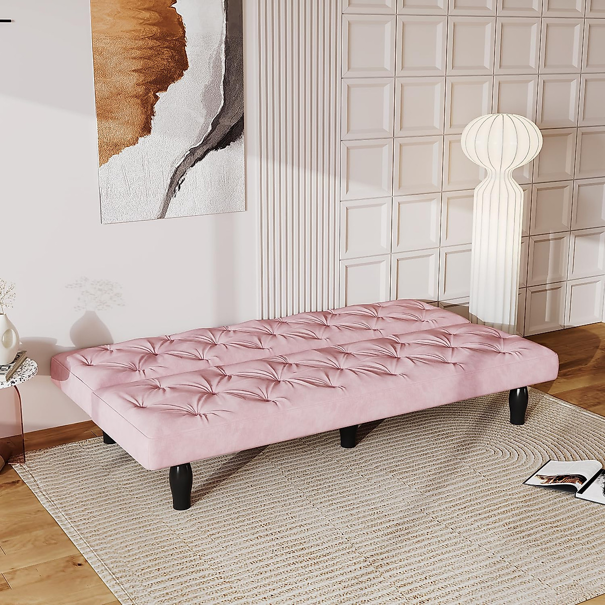 Convertible Velvet Sofa Bed Futon with Wooden Legs, Folding Sofa Bed, Loveseat Sleeper, Sofabed Suitable for Family Living Room, Apartment, Bedroom, Compact Living Spaces, Office Dorms (Pink)
