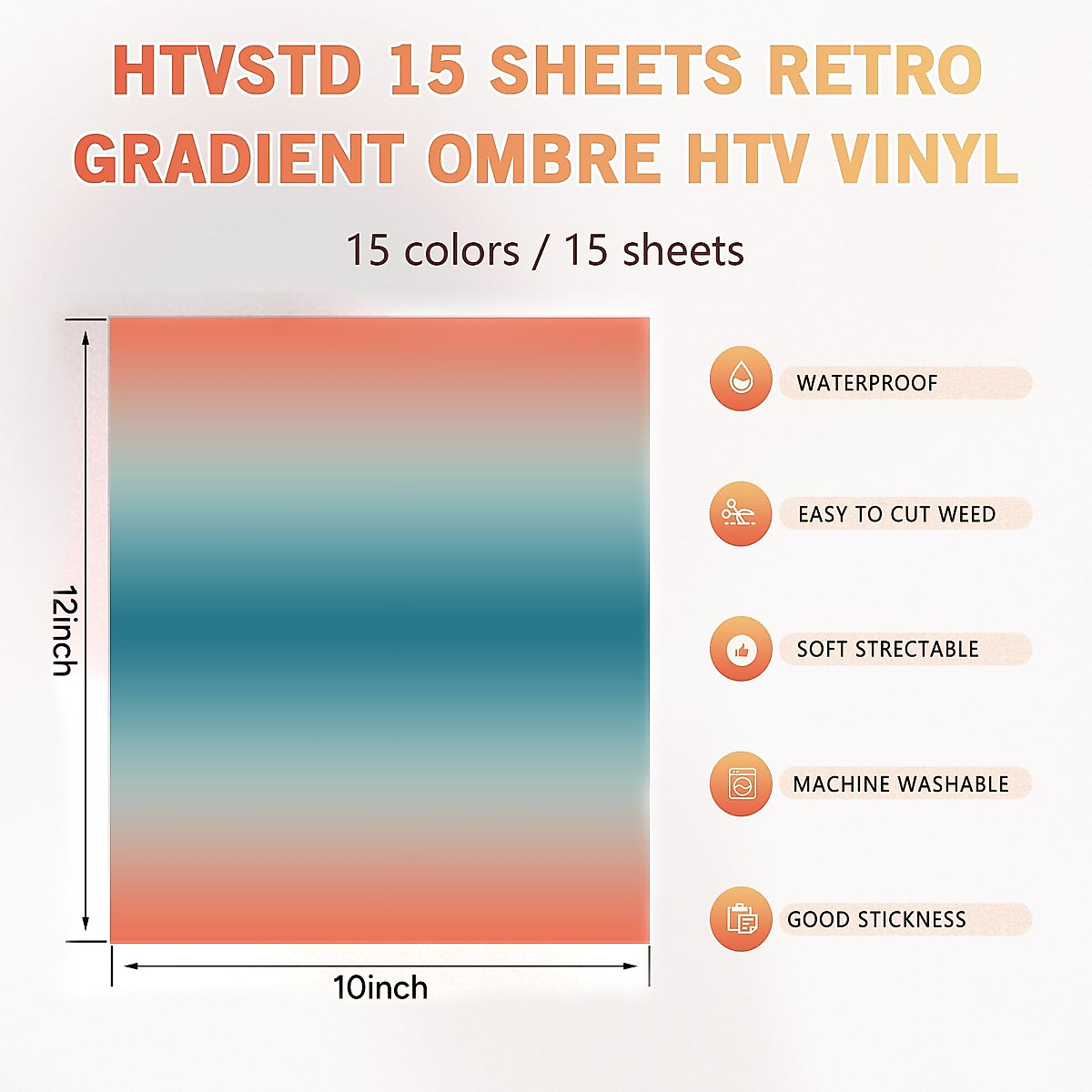 HTVSTD Gradient HTV Heat Transfer Vinyl - 15 Sheets 12 x 10 Inches Retro Patterned HTV Vinyl Ombre Heat Transfer Vinyl for T-Shirts DIY Iron on Vinyl Compatible with Sillhoutte Cameo and Cricut