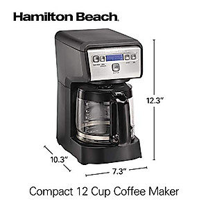 Hamilton Beach 12 Cup Compact Programmable Drip Coffee Maker with No-Drip Burosilicate Glass Carafe, 2-Hour Auto Shutoff, Space-Saving Design, Black with Stainless Steel Accents (46200)