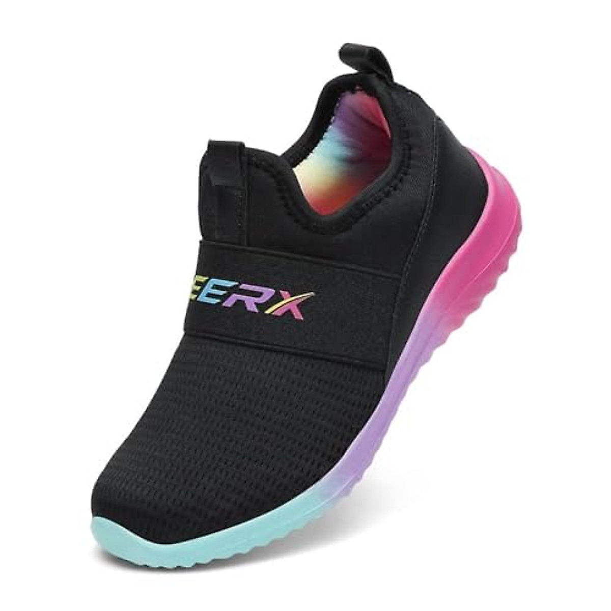 GEERX CARA Girls Slip On Athletic Sneaker Lightweight Sport Walking Running Tennis Shoe (Toddler/Little Kid/Big Kid) Black Rainbow Size 2