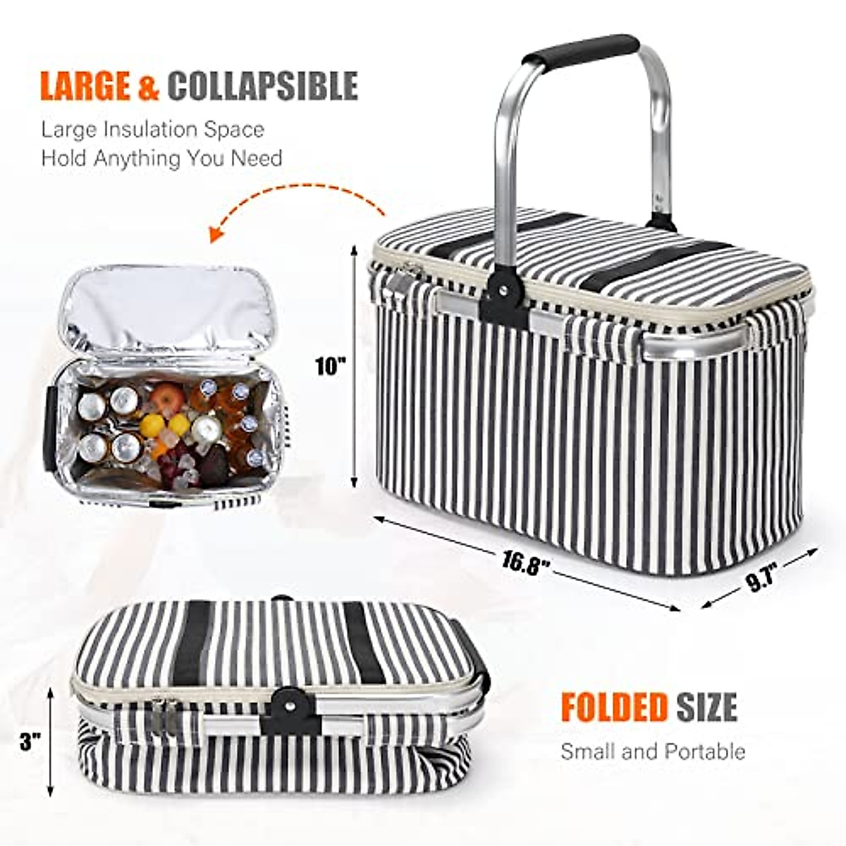 HappyPicnic Cooler Tote Bag 26L, Collapsible Picnic Basket Cooler with Aluminium Handle for Food, Shopping Grocery, Work or Outdoor Hiking Men Woman