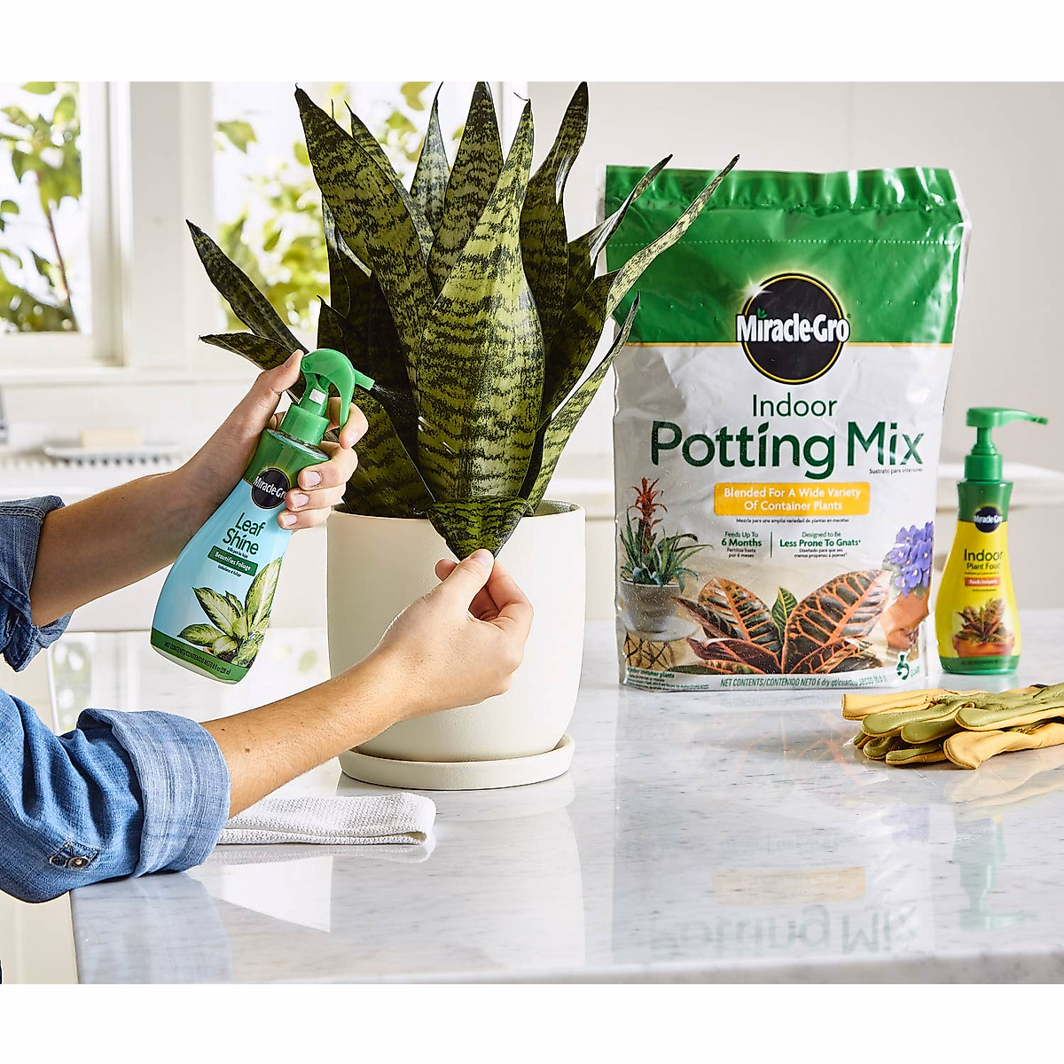 Miracle-Gro Indoor Potting Mix, Indoor Plant Food & Leaf Shine - Bundle of Potting Soil (6 qt.), Liquid Plant Food (8 oz.) & Leaf Shine (8 oz.) for Growing, Fertilizing & Cleaning Houseplants