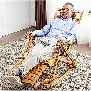 Lounge Chair, Wood Rocking Chair - Foldable Patio Rocker Bench with Pad, Adjustable Recliner for Garden Backyard (Color : with Brown Cushions, Size : with Blue Cotton Pad)