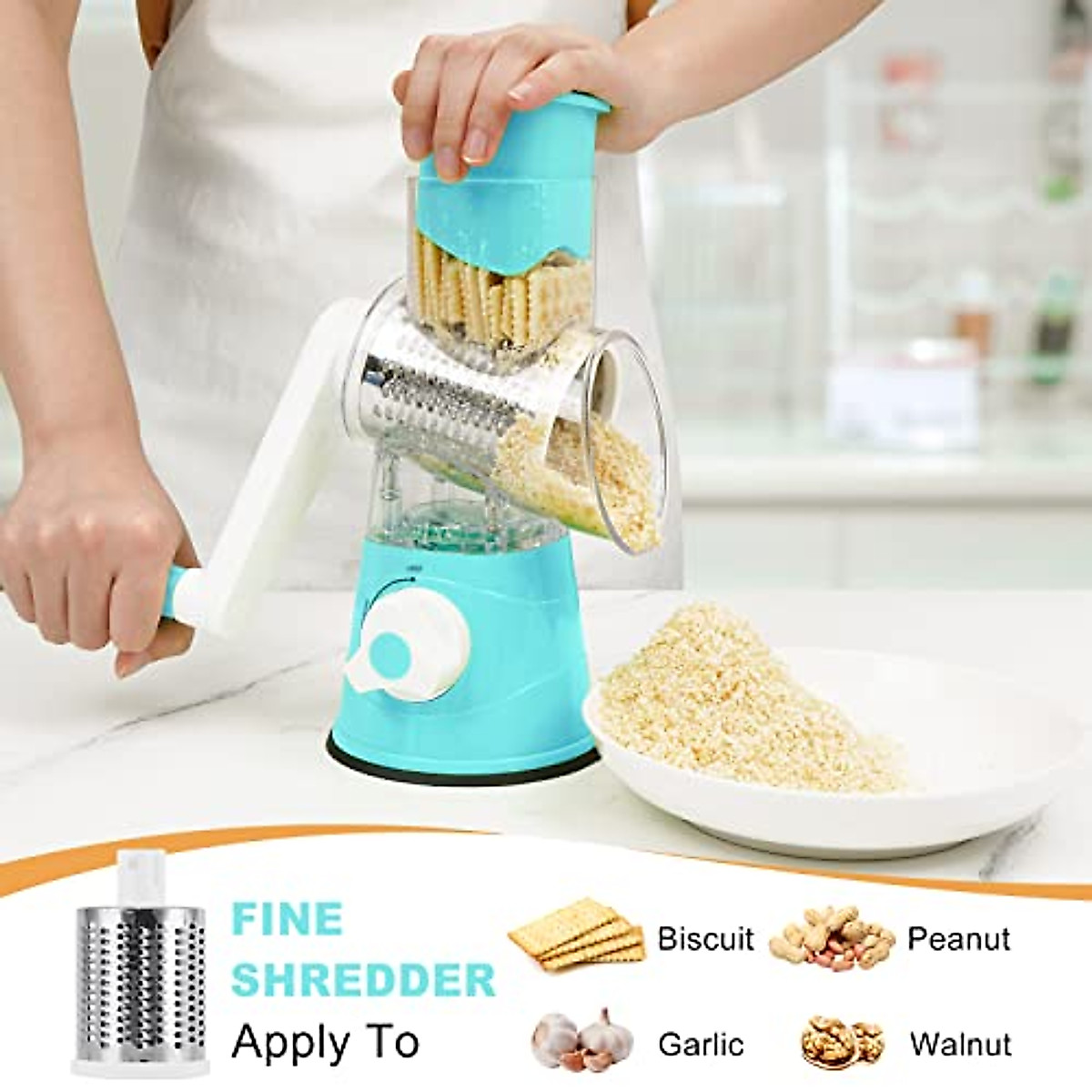 Elyum Rotary Cheese Grater Manual Cheese Grater with Handle 3 Interchangeable Stainless Steel Blades Cheese Shredder Strong Suction Base Cheese Graters for Kitchen Vegetables, Cheese and Nuts (Blue)