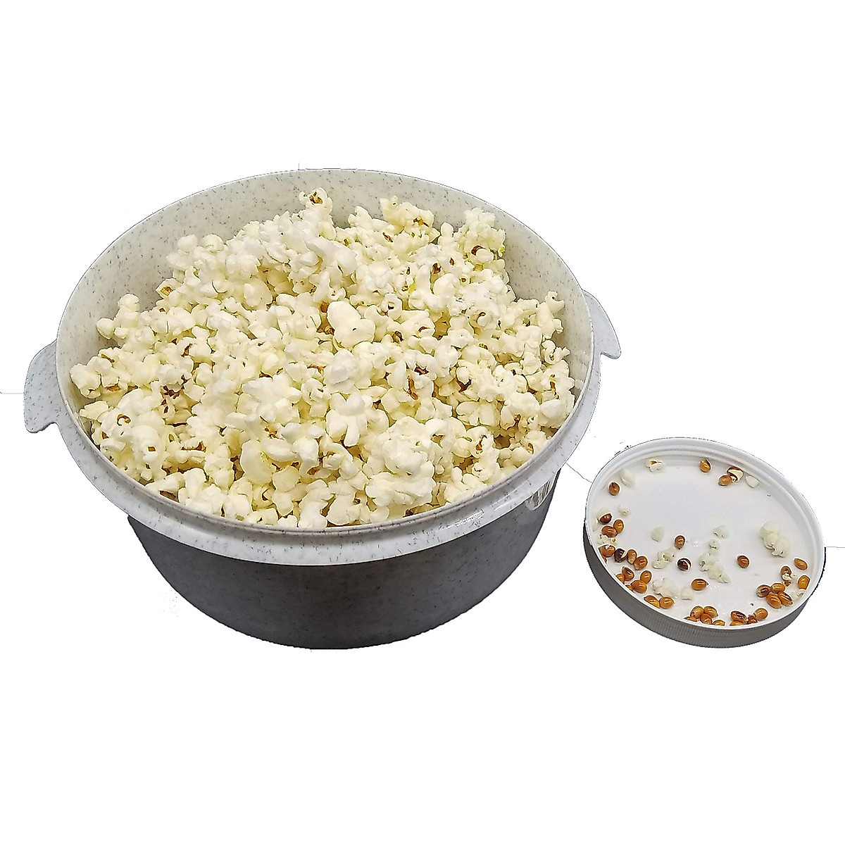 APSI Store Kernel Katcher Popcorn Bowl Set - Popcorn Sifter Shaker Kernel Catcher and Separator, Large and Reusable With Lid, Dishwasher Safe, Recycled Plastic with Handle (White Granite)