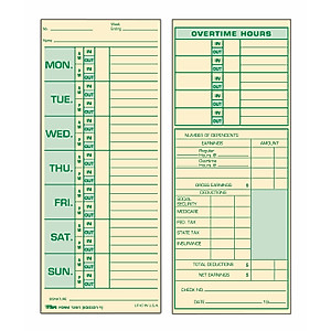 TOPS Time Cards, Weekly, 2-Sided, 3-1/2" x 8-1/2", Green Print Front/Back, 500-Count (1291)