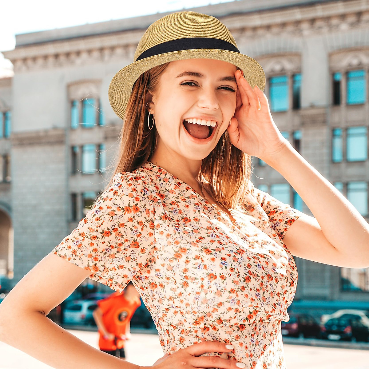 Straw Fedora-Sun-Hats for Women Men Summer Short Brim Roll Up Trilby Hat Packable Panama-Jazz Beach Hat(Size:M) Khaki