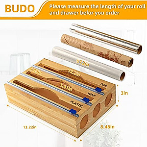 BUDO 3 in 1 Wrap Dispenser with Cutter and Labels, Bamboo Foil and Plastic Wrap Organizer, Wax Parchment Paper Dispenser for Kitchen Drawer, Fits 12" Roll Storage Holder